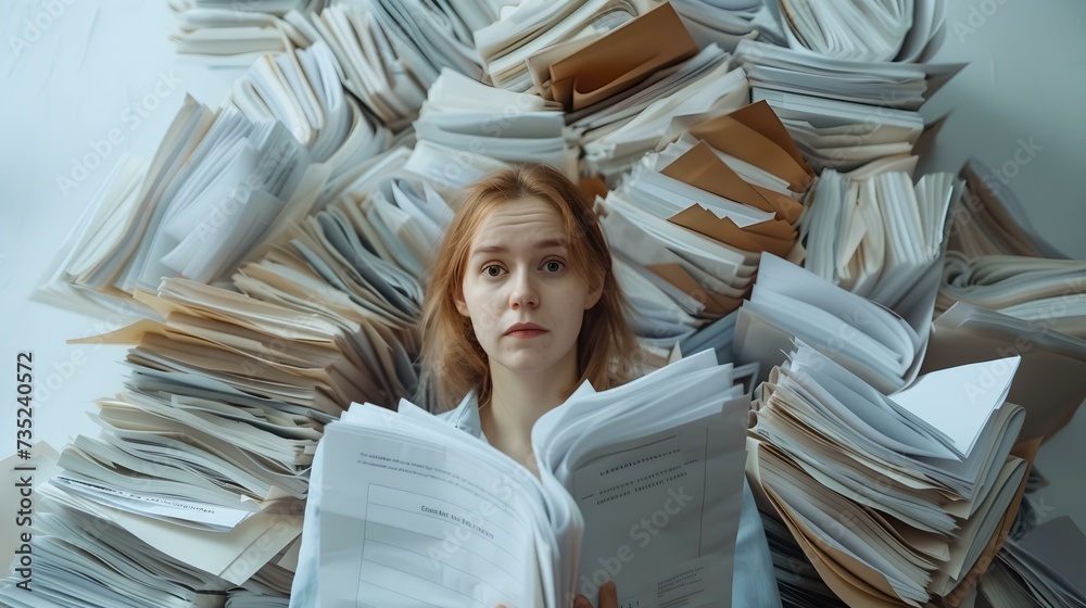 Overwhelmed employee surrounded by mountains of paperwork. concept of ...
