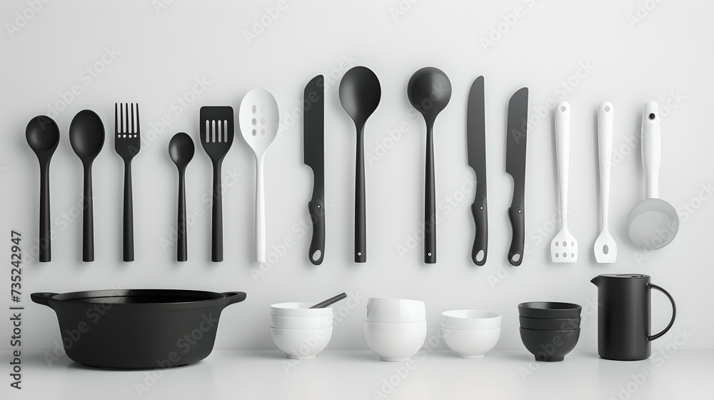 Minimalist kitchen utensils set displayed on a shelf. black and white ...