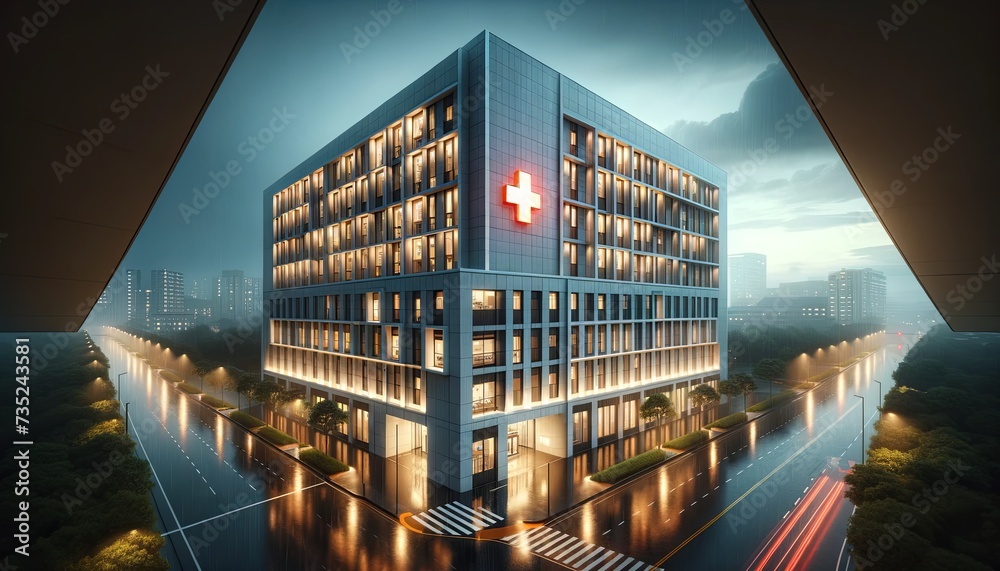 Illuminated Red Cross Sign Towers Over Hospital Complex Amidst Twilight ...
