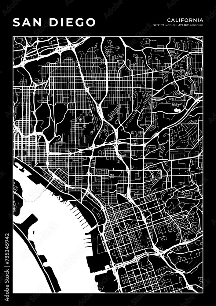San Diego City Map, Cartography Map, Street Layout Map Stock Vector ...