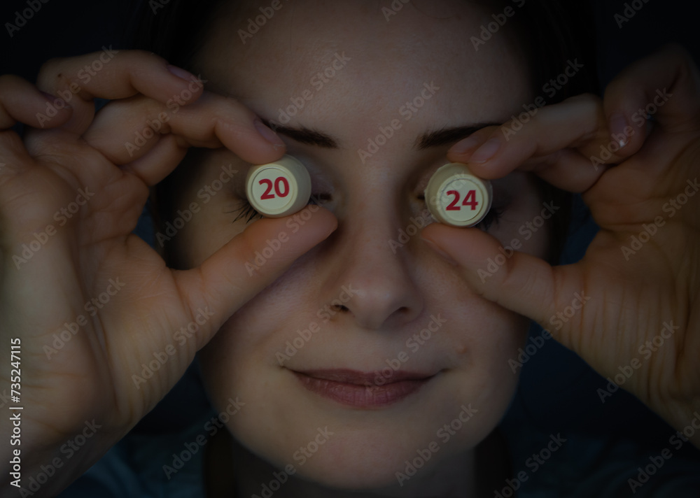 Woman with numbers 2024 instead of eyes. Woman face with figures in ...
