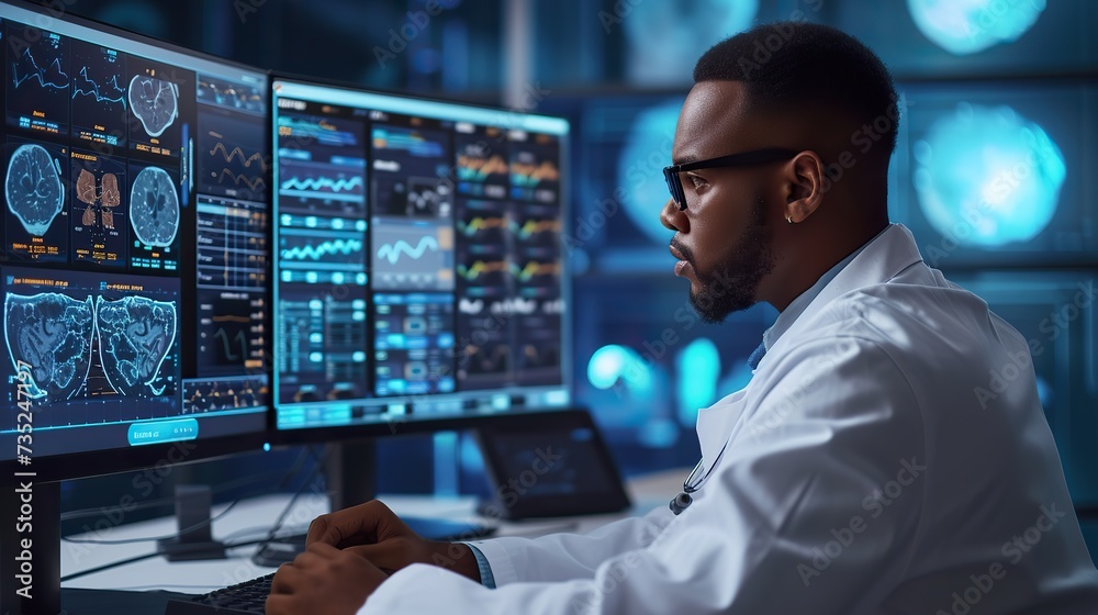 A medical professional in a lab coat intensely studies brain scan images and data on multiple ...