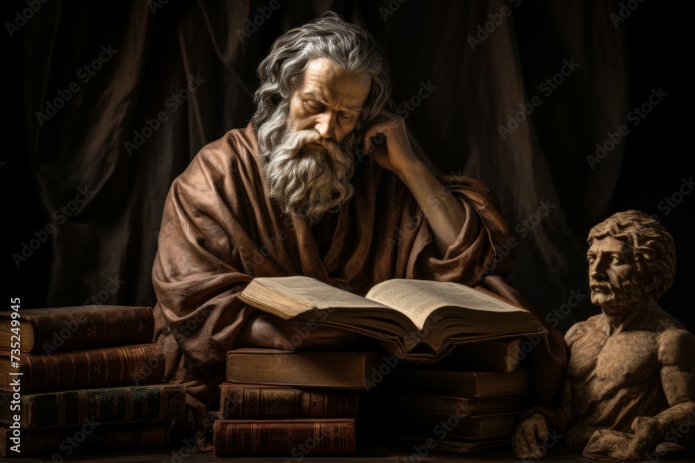 Philosopher read book. Retro old person with mature face. Generate Ai ...