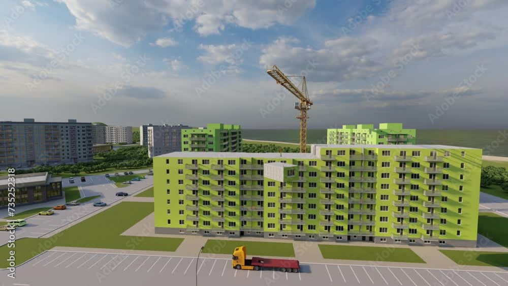 Crane lifting a building module to its position in the structure. 3D ...