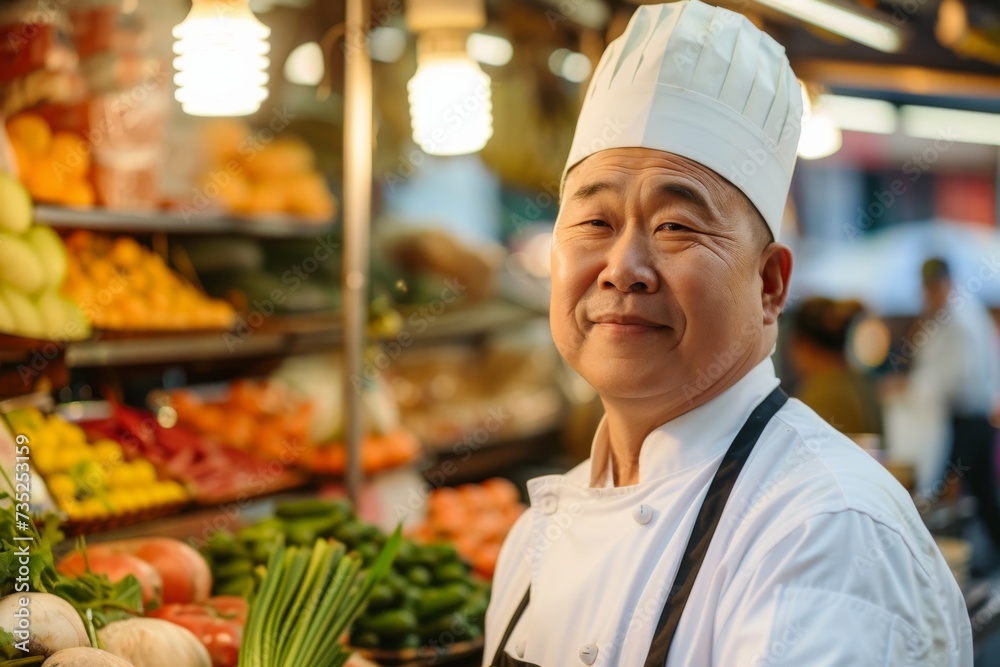 A vegan chef proudly stands among the vibrant produce at a local ...