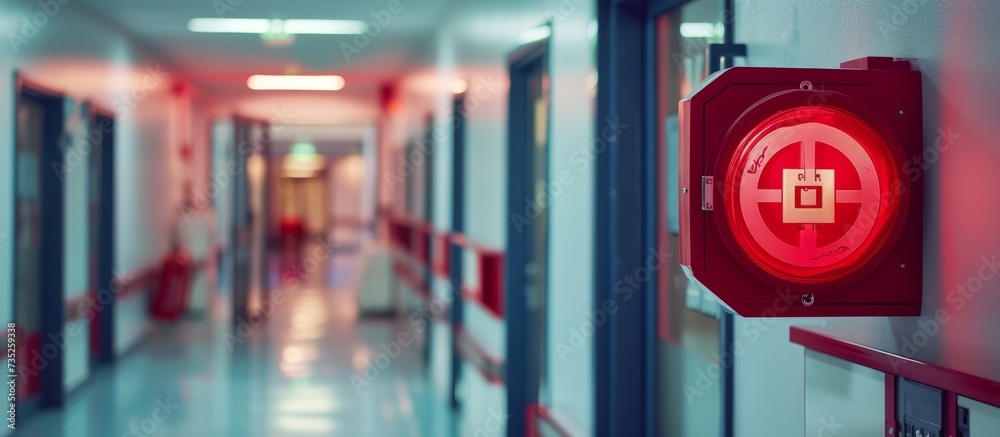 Bright red emergency light fixture mounted on the wall in a dark room ...