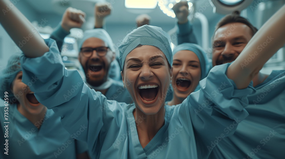 Medical team includes surgeon, nurse, assistant are celebrating a ...