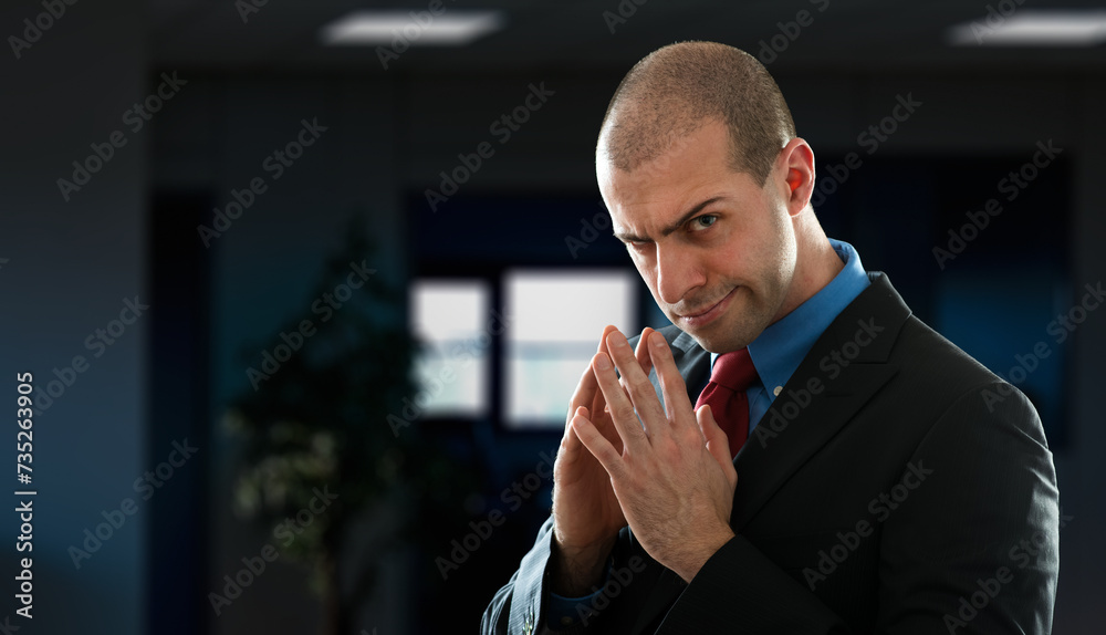 A smirking man in a suit with a conniving expression in a corpor Stock ...