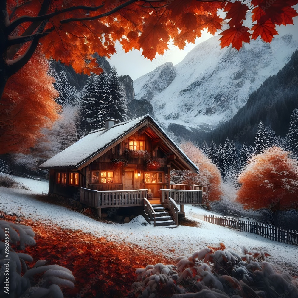 Nature's beauty in 4K: a snug cabin in snowy mountains, embraced by ...