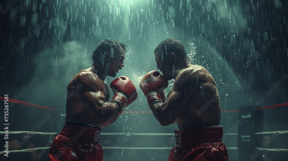 Boxing: Two fighters exchange blows in the center of a boxing ring ...