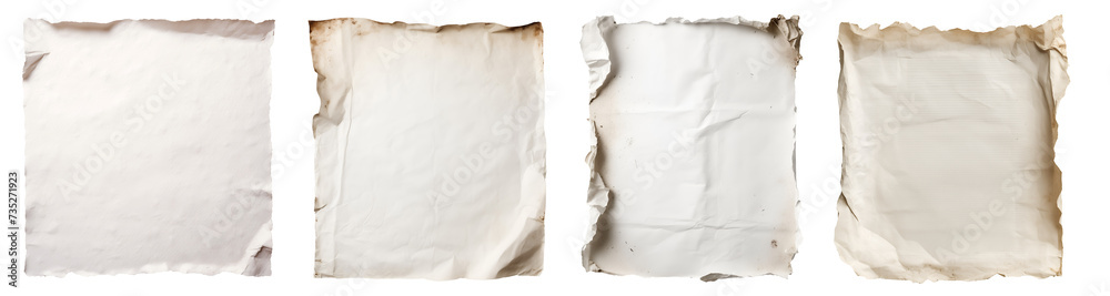 Collection set of white paper parchment, old torn burnt crumple rip ...
