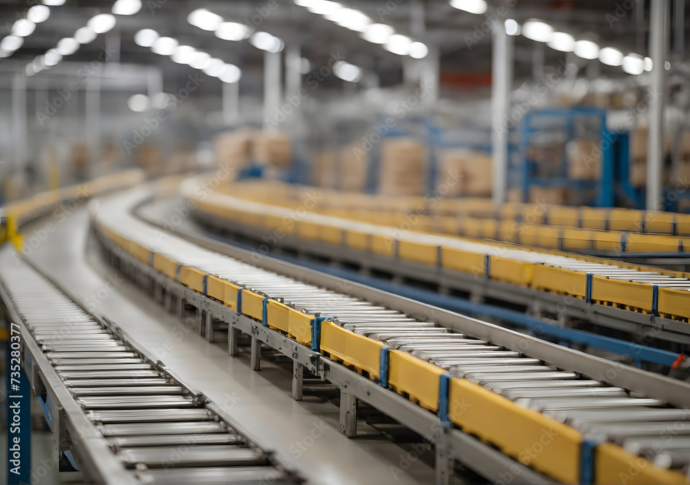 Conveyor line with carton boxes side view, industrial processing ...