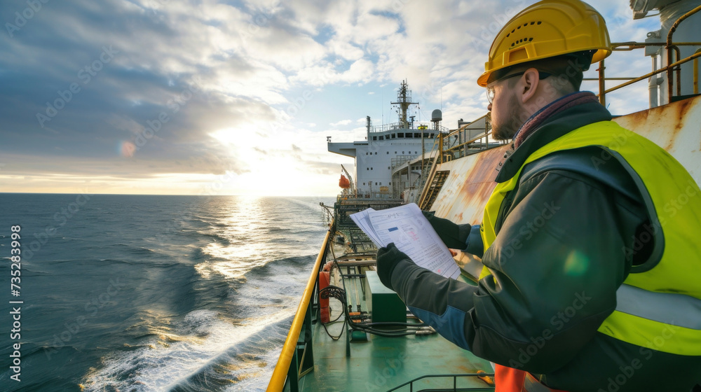 Maritime officials conduct routine emission control inspections on a ...