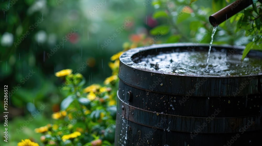 Generative AI, rainwater harvesting system in the garden with barrel ...
