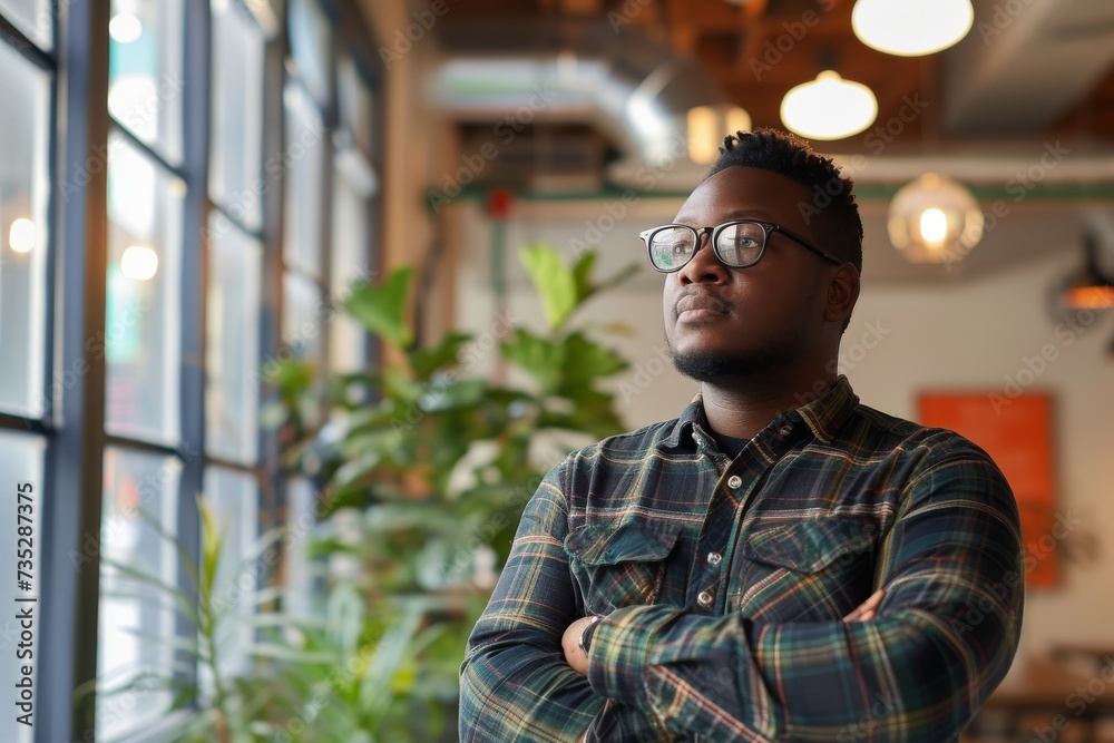 A brooding man stands in front of a window, his arms crossed and clad ...