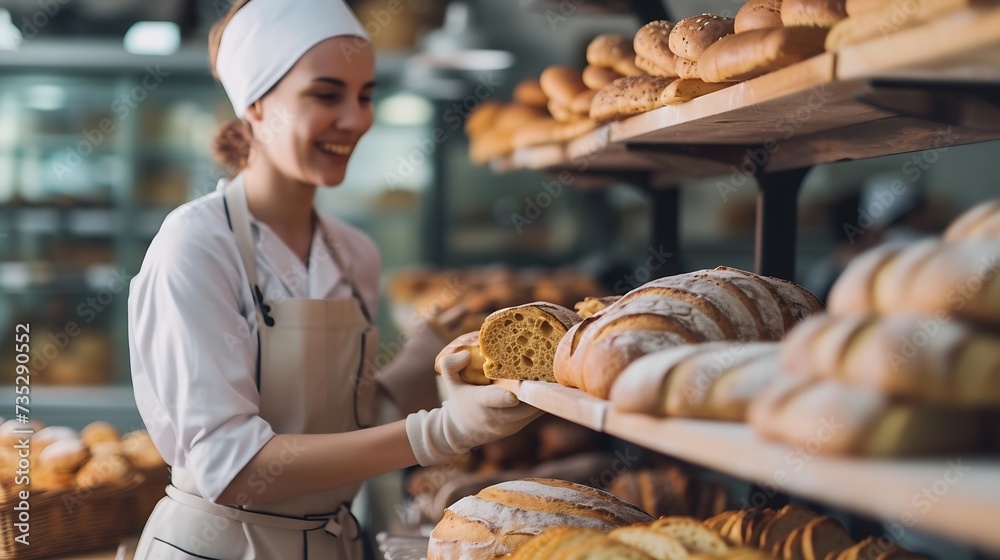 Generative AI : Bakery female worker in uniform selling loaf of bread ...