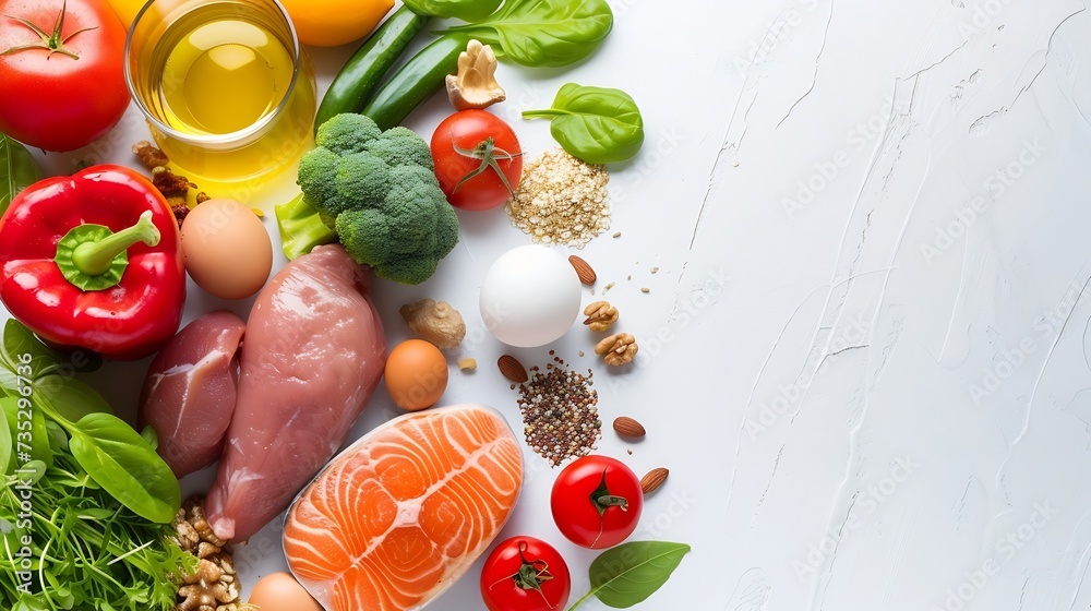 Generative AI : Balanced diet food background. Nutrition, clean eating ...