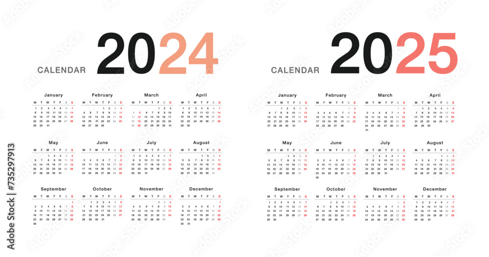 Colorful Year 2024 and Year 2025 calendar horizontal vector design ...