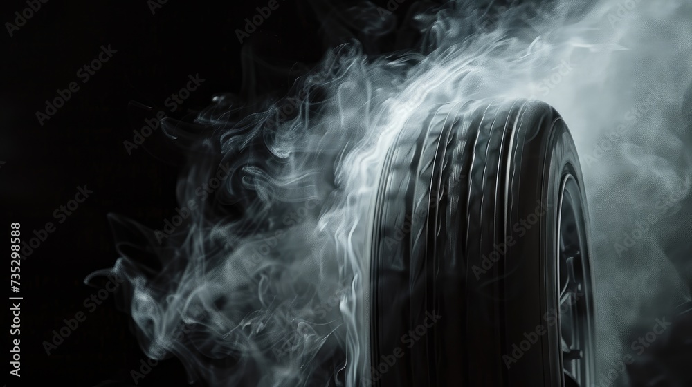 Dynamic image of spinning car tires emitting smoke against a black ...