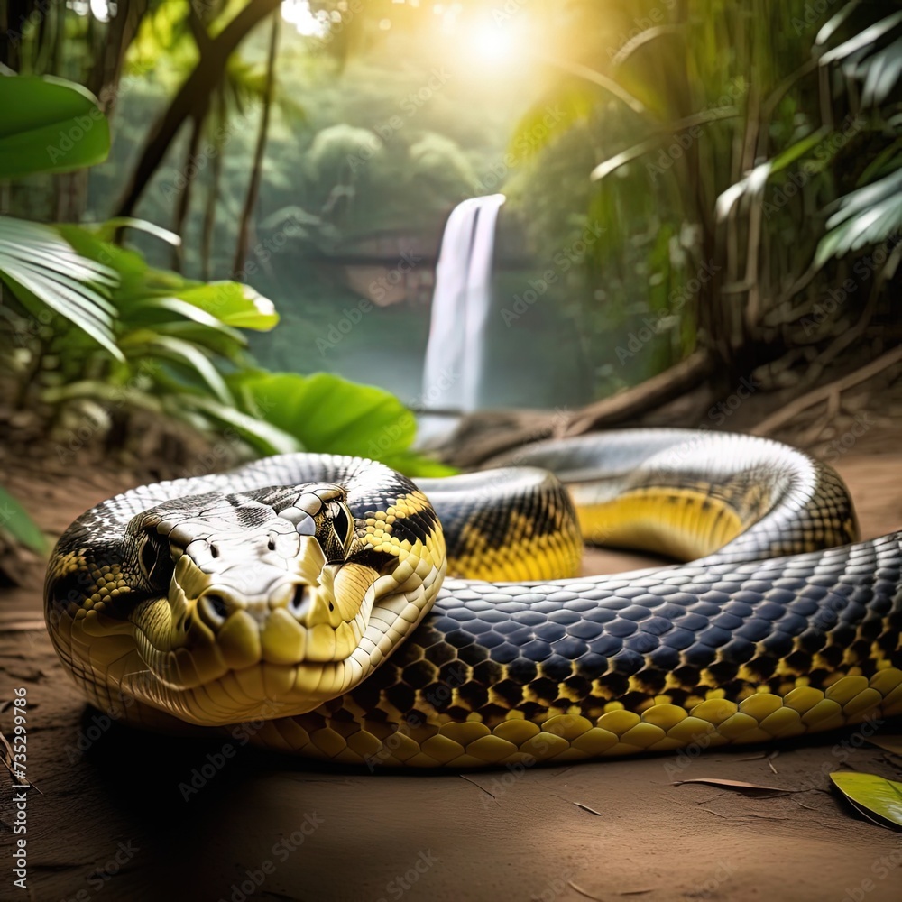 The closeup image of green anaconda (Eunectes murinus) . It is a boa ...