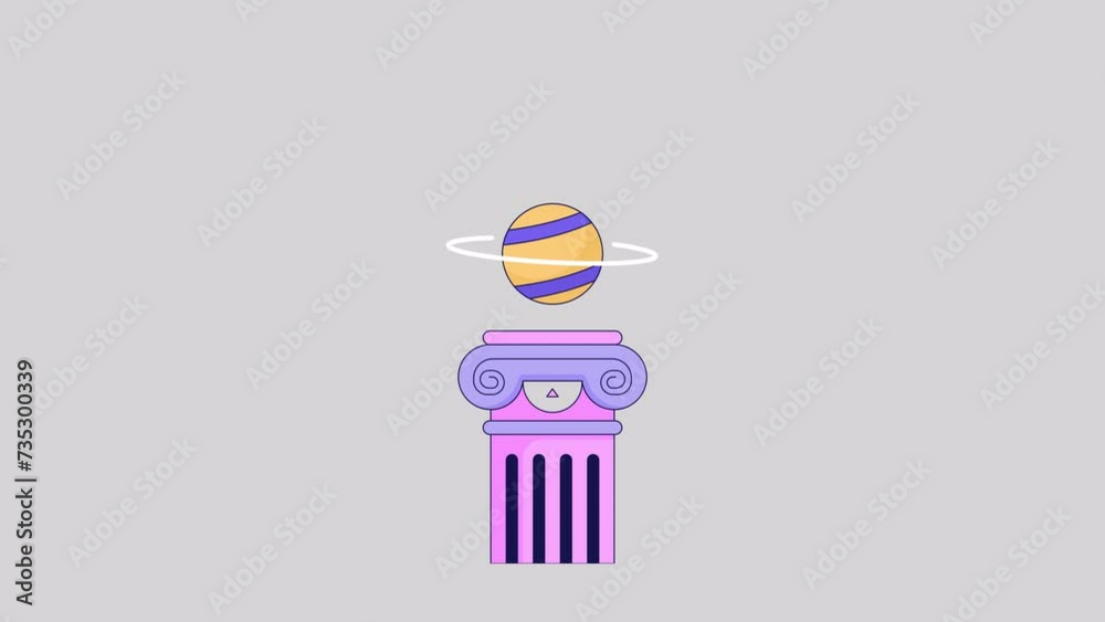 Mystery ancient column ring planet line 2D object animation. Greek ...
