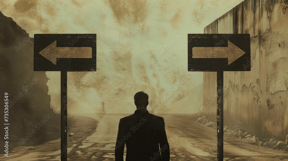 Rear view of man looking at two arrows pointing in opposite directions ...