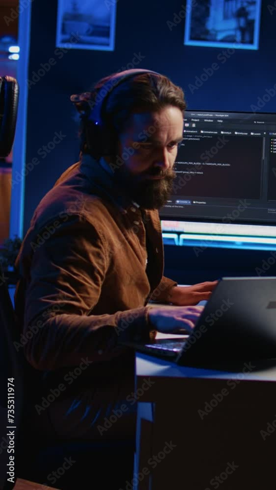 Vidéo Stock Developer focused on typing complex code in neon lit home office, listening music ...
