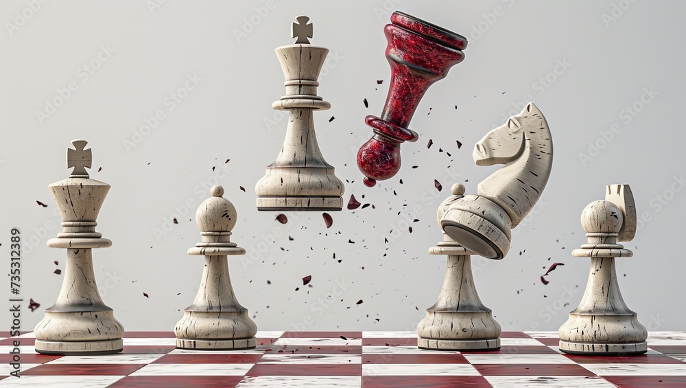 The image depicts a chessboard with a selection of white chess pieces ...