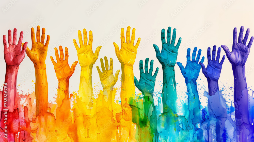 Raised hands representing diverse crowd of people in LGBT Pride rainbow ...
