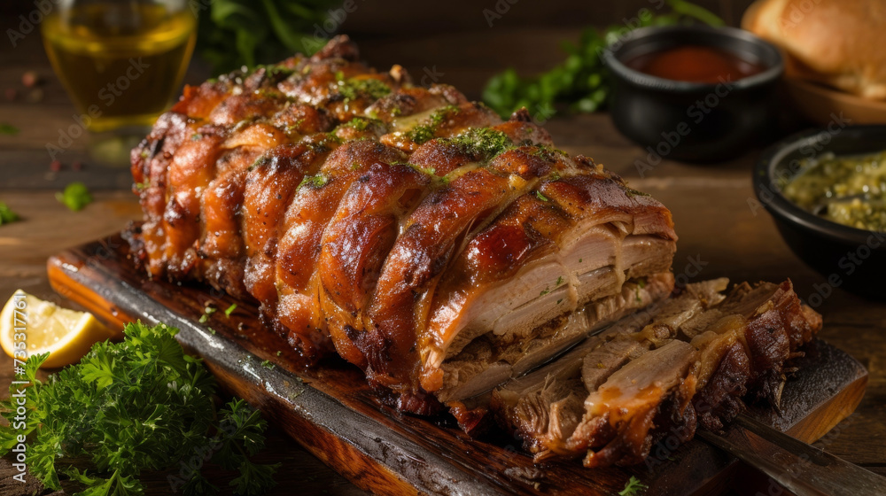A succulent slice of Cuban lechon tender and juicy with a crispy ...