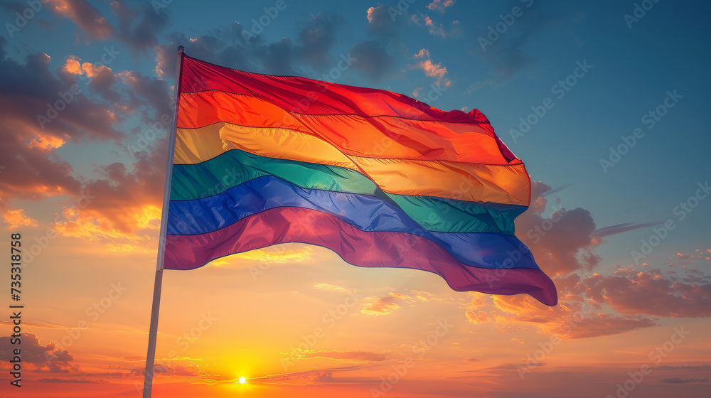 LGBT Pride rainbow flag on sunset sky. LGBT social movements and ...