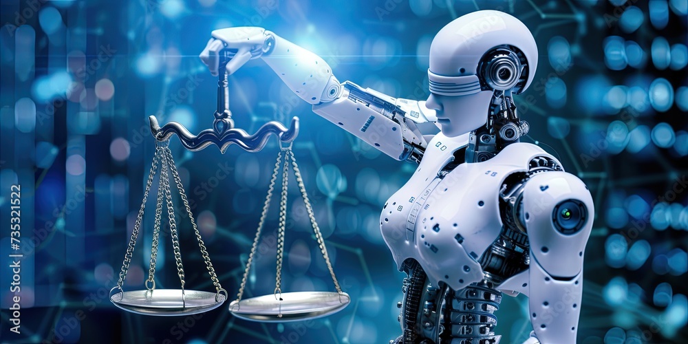AI robot holding scales of justice for ethical artificial intelligence ...