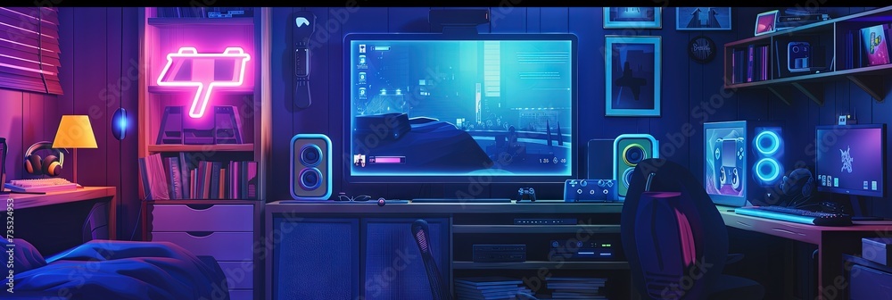 Video game room interior for gaming and esports with computer, speakers ...