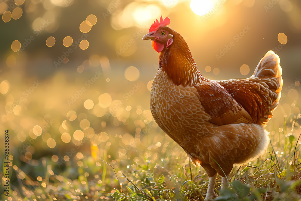 A vibrant yellow chicken stands confidently in a sea of green grass ...