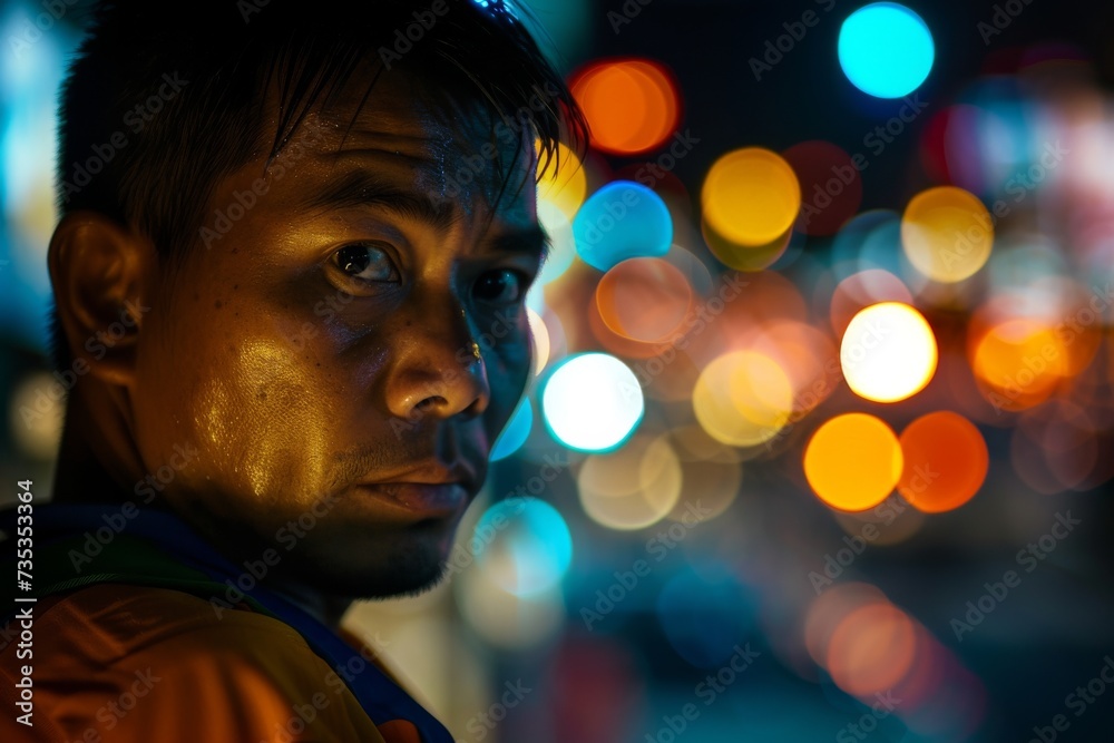 A lone figure gazes intently at the camera, his face illuminated by the ...