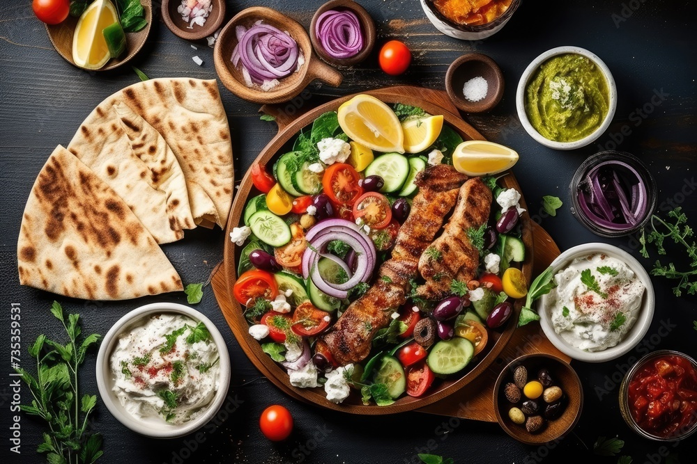 Greek food background. Meze, gyros, souvlaki, fish, pita, greek salad ...