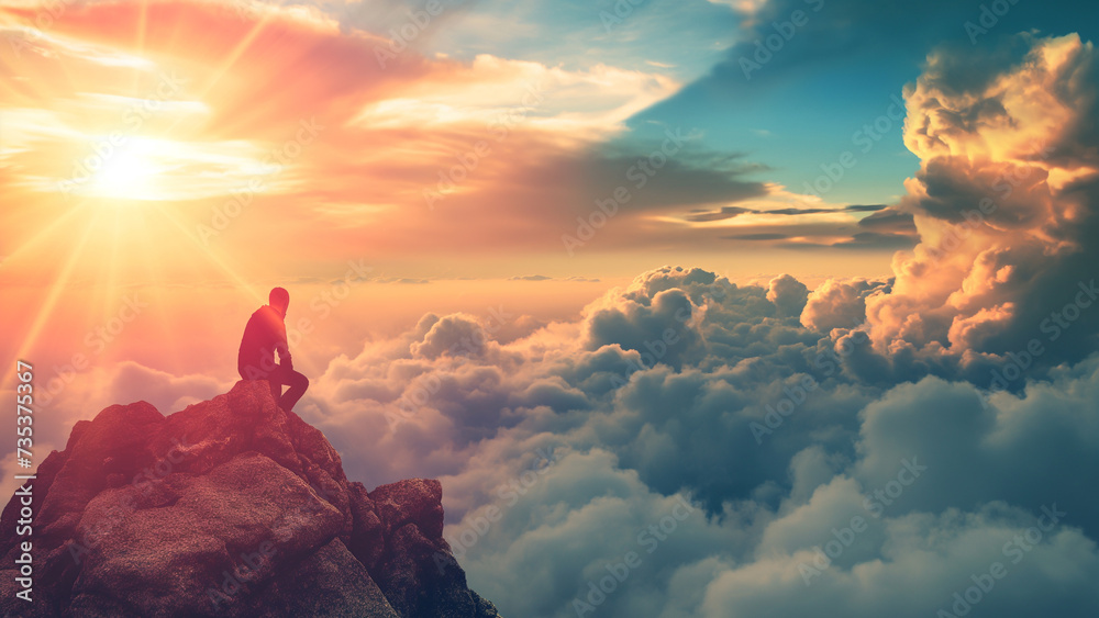 Positive uplifting image of a man sitting on a rocky outcropping above ...