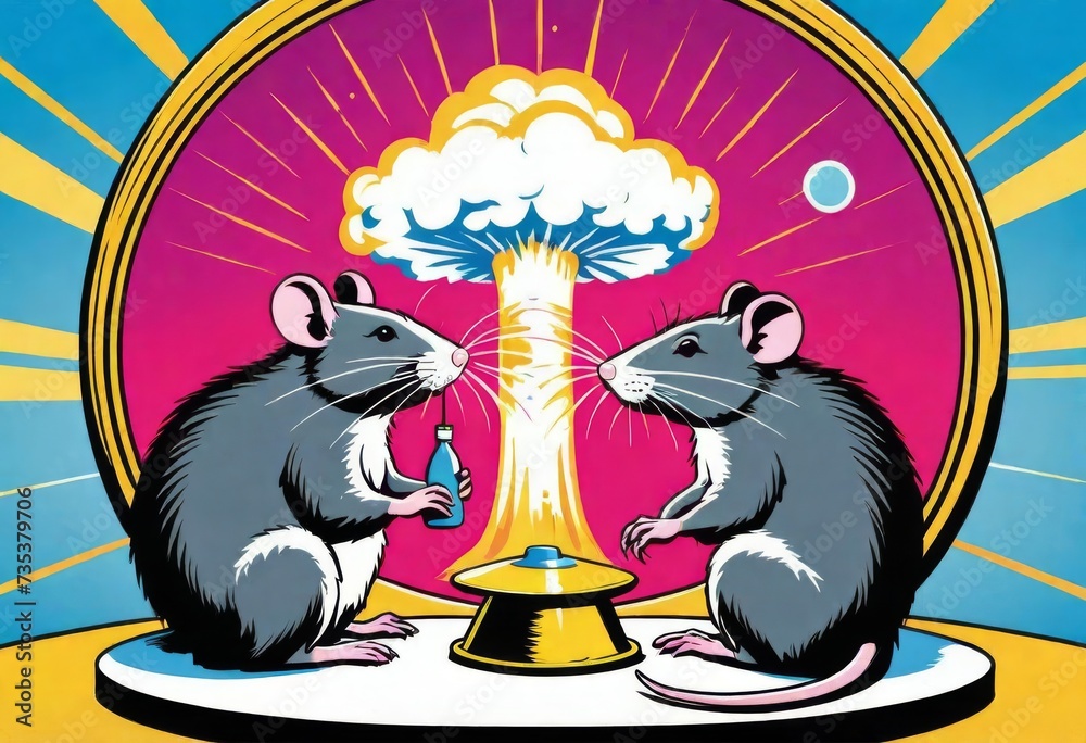 two rats in pop art style against the background of a nuclear explosion ...