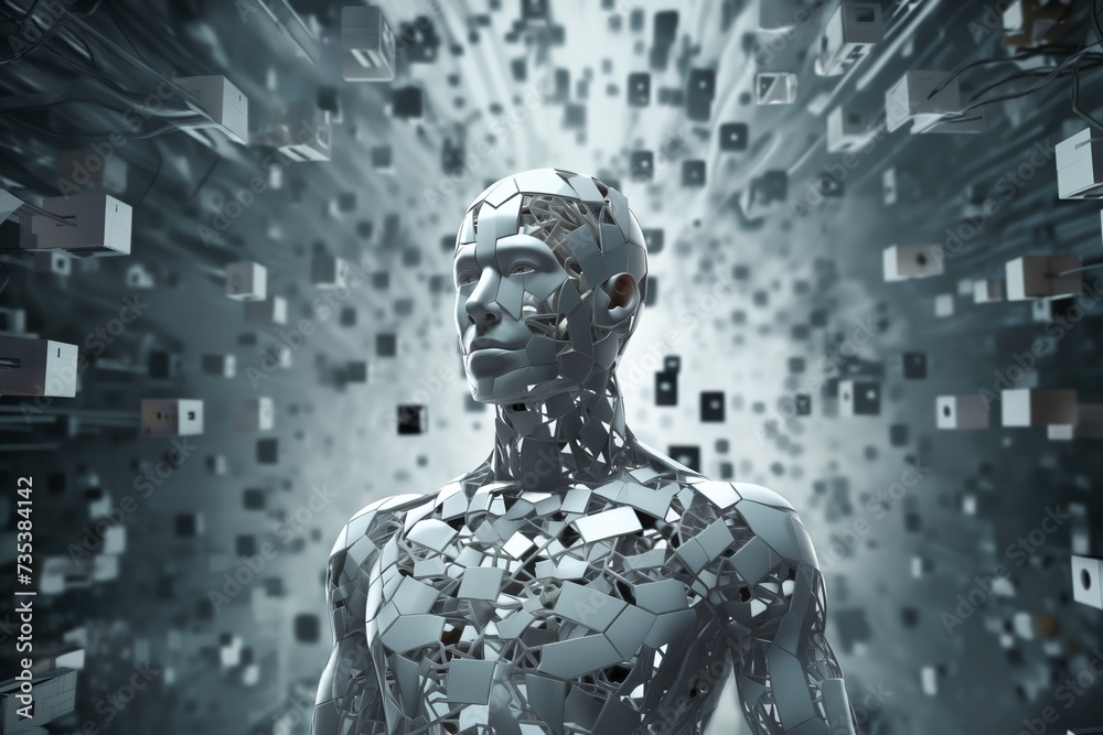 a robot with human body made of disintegrating squares and cubes ...