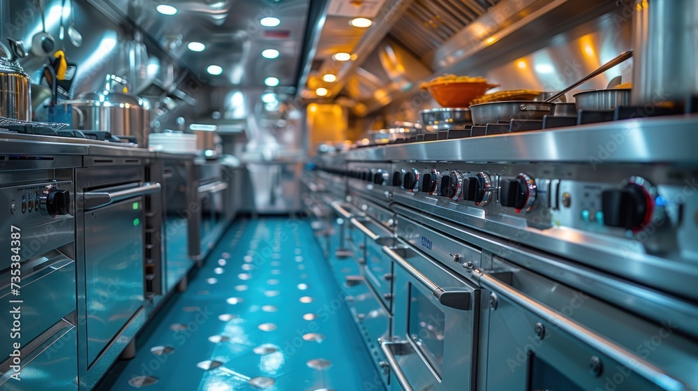 a commercial kitchen with stainless steel appliances and a blue floor ...