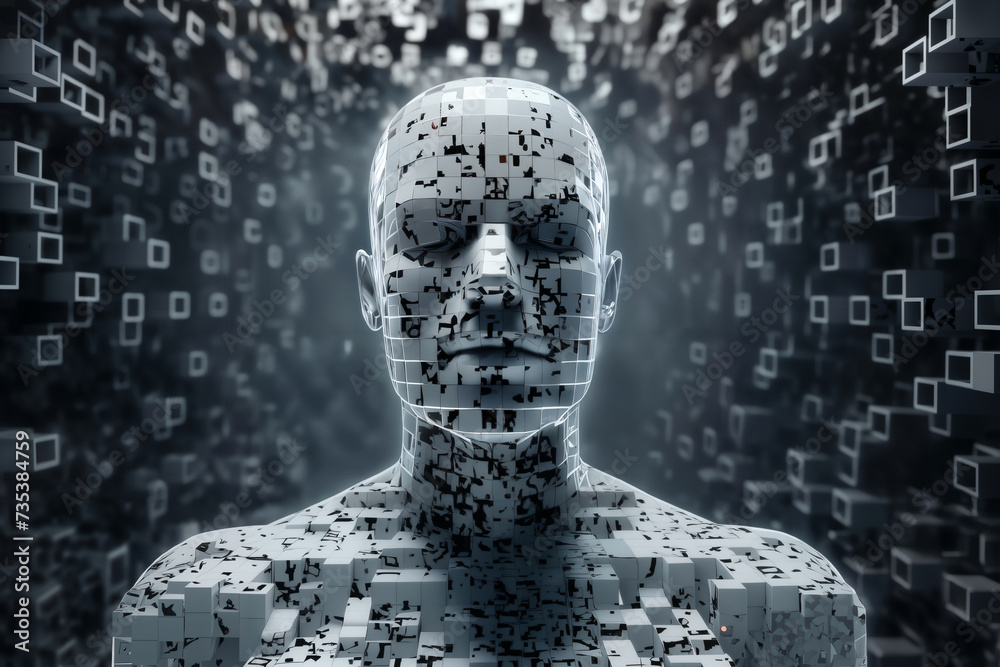 a robot with human body made of disintegrating squares and cubes ...