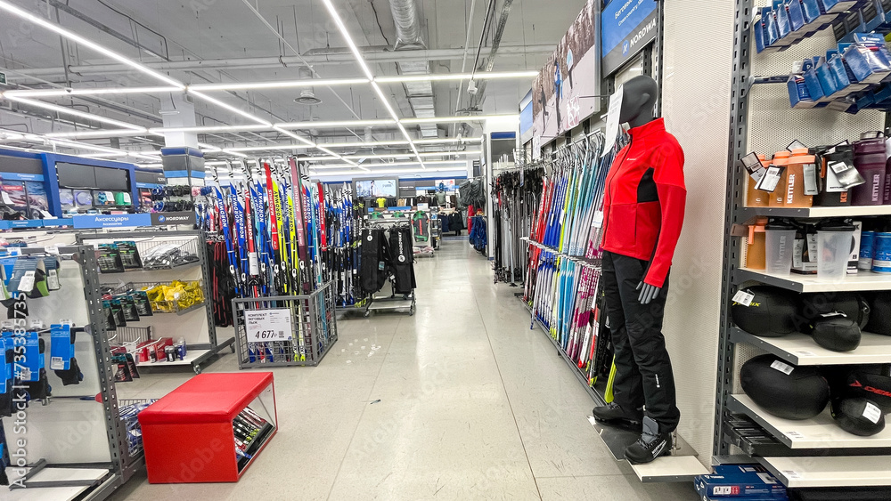 Moscow February 02 2024, Skis in sports shop, Great choice of cross ...