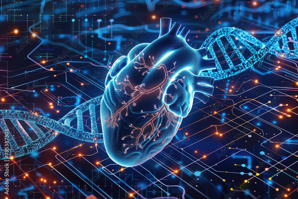 Digital of human heart connected to a DNA strand, set against a ...