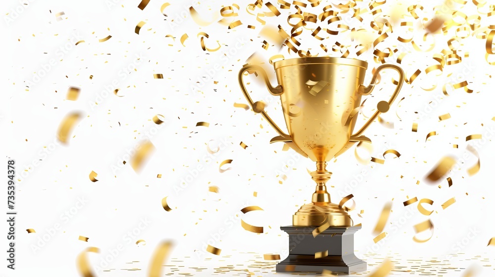 Trophy cup. Sport award, shining golden cup, falling confetti, champion ...