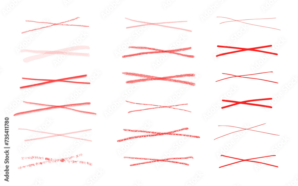 Grunge red strikethrough and underline elements. Set of hand drawn red ...
