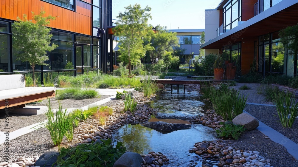 An office courtyard featuring a beautiful rain garden utilizing a ...