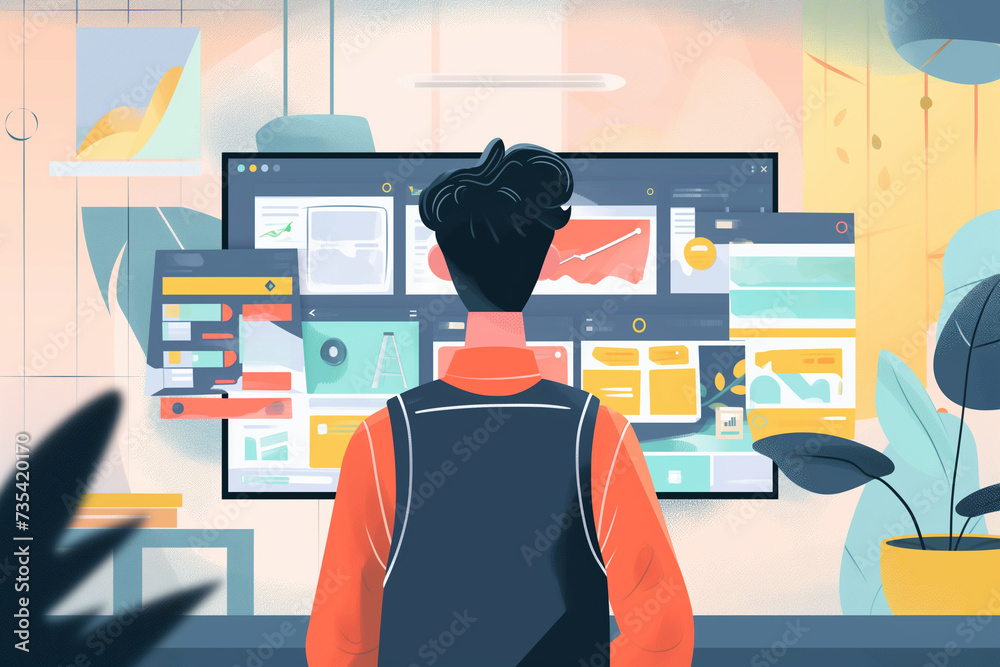 Tech-savvy person standing in front of digital device isolated in ...