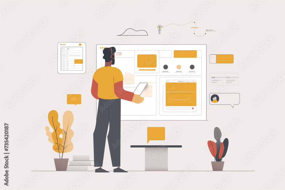 Tech-savvy person standing in front of digital device isolated in ...