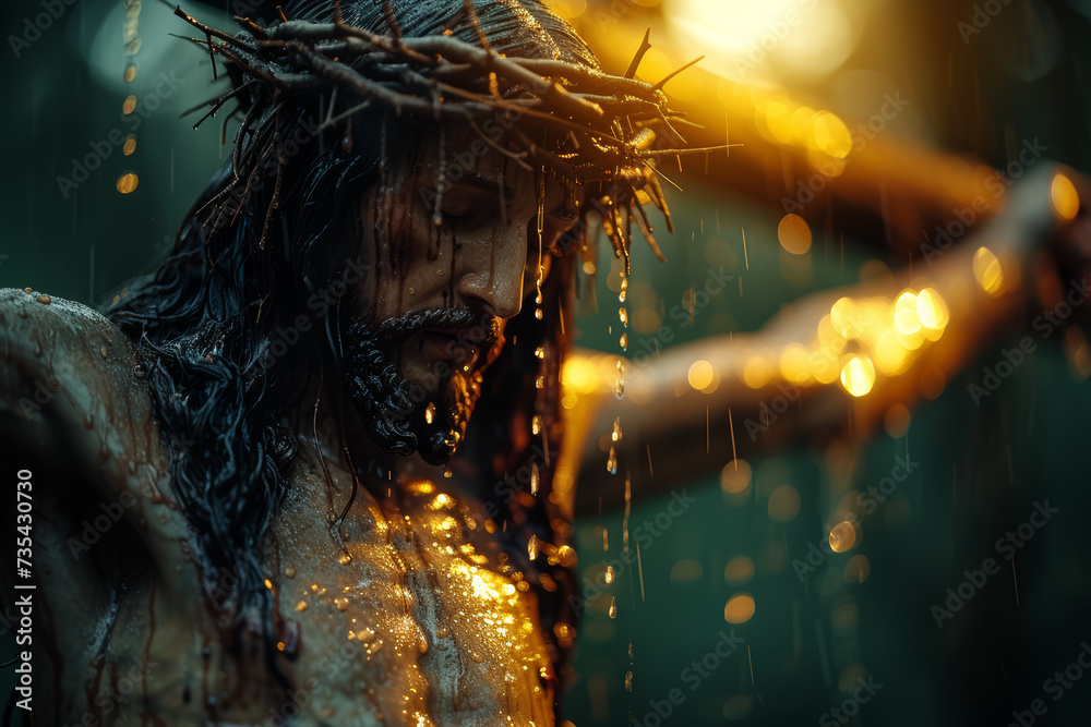 Staging of Christ on the cross, bathed in a divine light, symbolizing ...