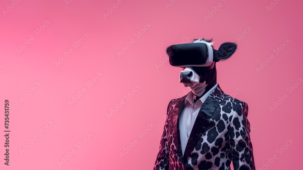 Funny portrait of a cow in an elegant tuxedo suit with a cow print ...